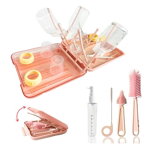 6 in 1 Baby Bottle Cleaning Brush Set : Silicone Bottle Brush, Nipple Brush, Straw Brush, Baby Bottle Drying Rack Space Saving, Soap Dispenser, & Storage Box. Newborn Essentials Must Haves. Pink