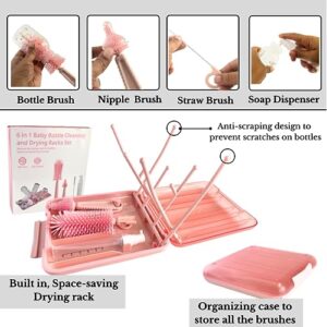 6 in 1 Baby Bottle Cleaning Brush Set : Silicone Bottle Brush, Nipple Brush, Straw Brush, Baby Bottle Drying Rack Space Saving, Soap Dispenser, & Storage Box. Newborn Essentials Must Haves. Pink