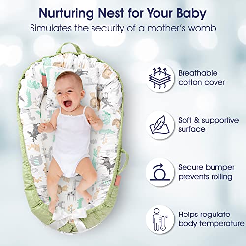 Baby Nest Set Comes with Blanket and Pillow, Newborn, Breathable Cotton Lounger 0 to 24 Months, Adjustable, Snuggle Nest Sleeper, Perfect CoSleeper in Bed,for Boys Girls (Green)