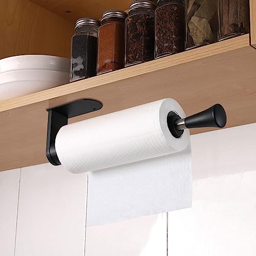 RQYIXI Paper Towel Holder Under Cabinet One Hand Operable Wall Mount Stainless Steel Paper Towel Holder with Damping Effect Bend-Resistant Drilled for Kitchen Bathroom Garage RV, Black