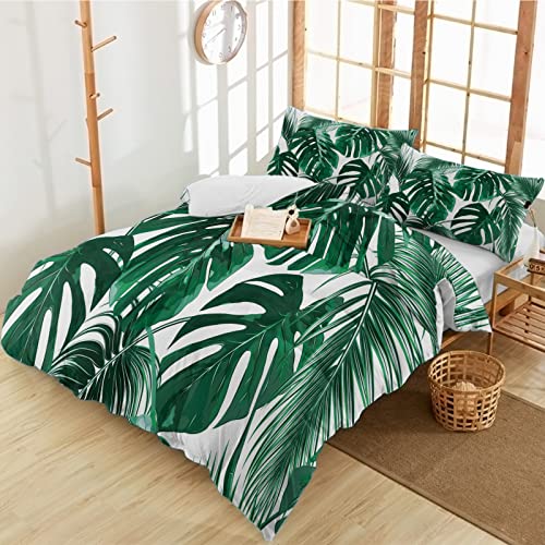 Segard Duvet Cover Set 3 Pieces Queen Bedding Sets Jungle Green Leaves White Soft Luxury Comforter Cover with Pillowcases Microfiber Bedroom Quilt Covers-Zipper Closure Watercolor Palm Tree Leaf