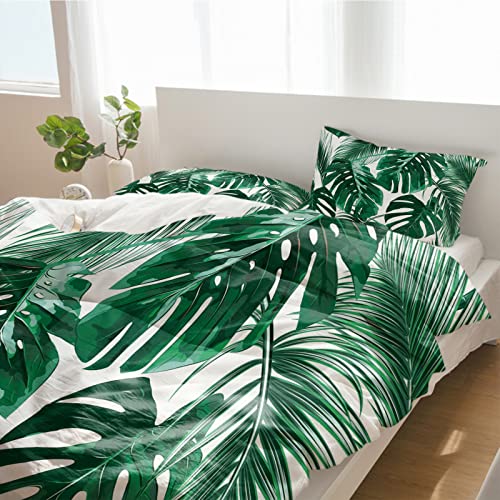 Segard Duvet Cover Set 3 Pieces Queen Bedding Sets Jungle Green Leaves White Soft Luxury Comforter Cover with Pillowcases Microfiber Bedroom Quilt Covers-Zipper Closure Watercolor Palm Tree Leaf