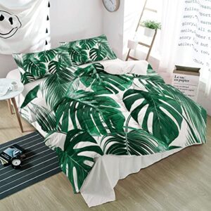 Segard Duvet Cover Set 3 Pieces Queen Bedding Sets Jungle Green Leaves White Soft Luxury Comforter Cover with Pillowcases Microfiber Bedroom Quilt Covers-Zipper Closure Watercolor Palm Tree Leaf