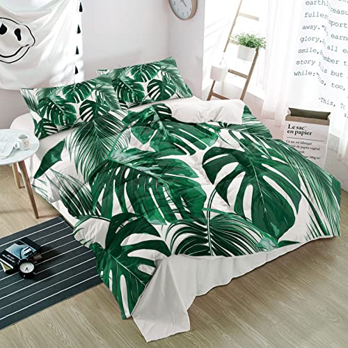 Segard Duvet Cover Set 3 Pieces Queen Bedding Sets Jungle Green Leaves White Soft Luxury Comforter Cover with Pillowcases Microfiber Bedroom Quilt Covers-Zipper Closure Watercolor Palm Tree Leaf