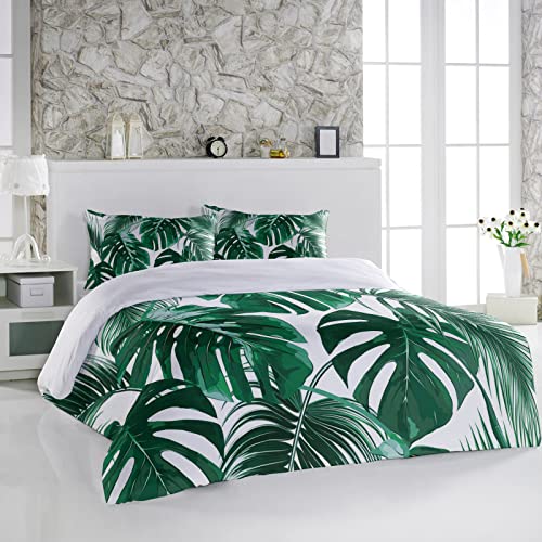 Segard Duvet Cover Set 3 Pieces Queen Bedding Sets Jungle Green Leaves White Soft Luxury Comforter Cover with Pillowcases Microfiber Bedroom Quilt Covers-Zipper Closure Watercolor Palm Tree Leaf