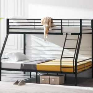 VINGLI Twin Over Full Bunk Bed for Kids/Adults with Stairs Flat Rungs, Heavy Duty Metal Slats, No Box Spring Needed, Black