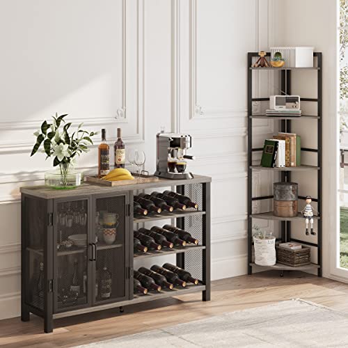 BON AUGURE Industrial Coffee Bar Cabinet with Storage, 5-Tier Ladder Corner Bookshelf Unit, Wood and Metal Furniture Set for Living Room (Dark Grey Oak)