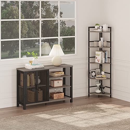 BON AUGURE Industrial Coffee Bar Cabinet with Storage, 5-Tier Ladder Corner Bookshelf Unit, Wood and Metal Furniture Set for Living Room (Dark Grey Oak)