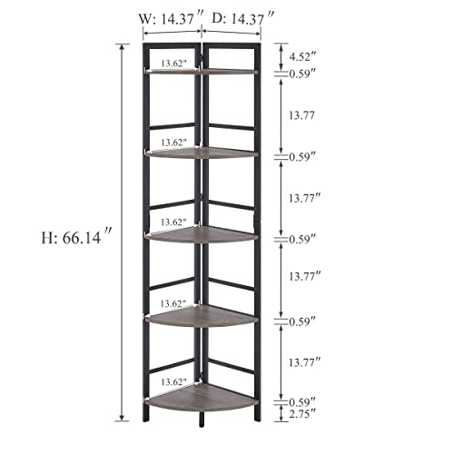 BON AUGURE Industrial Coffee Bar Cabinet with Storage, 5-Tier Ladder Corner Bookshelf Unit, Wood and Metal Furniture Set for Living Room (Dark Grey Oak)