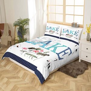 Castle Fairy Lake Life Bedding Set Queen Size,Lotus Flowers Red-Crowned Crane Birds Duvet Cover Set for Children Adult,Chinese Style Painting Soft Comforter Cover for Dorm Room, Zipper, Ties