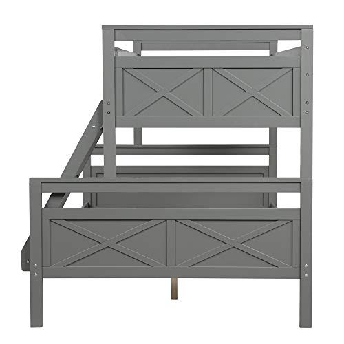 N NAANSI Twin Over Full Bunk Bed with Ladder, Full Length Guardrail, X-Shape Headboard and Footboard, Wooden Bunk Bed Frame Can be Separated into 2 Beds, Gray