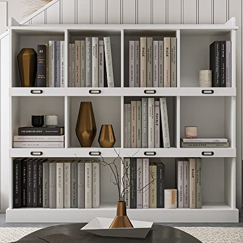 PKUGU 10 Cubes Storage Organizer, 3-Tier Open Bookcase, Modern White Bookshelf, Floor Standing Storage Shelves, Vertical Cabinet Bookcases, Tall Display Cabinet Rack, Living Room, Study, Office