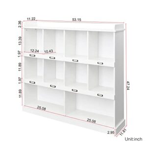 PKUGU 10 Cubes Storage Organizer, 3-Tier Open Bookcase, Modern White Bookshelf, Floor Standing Storage Shelves, Vertical Cabinet Bookcases, Tall Display Cabinet Rack, Living Room, Study, Office