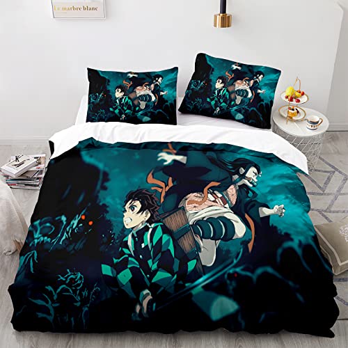 WORLDLY Anime 3D Demon Slayer: Duvet Cover 3 Piece Bedding Set,Teen Comforter Cover Set Super Soft Duvet Cover with Pillowcase (Style 23, Queen: 90"x90")