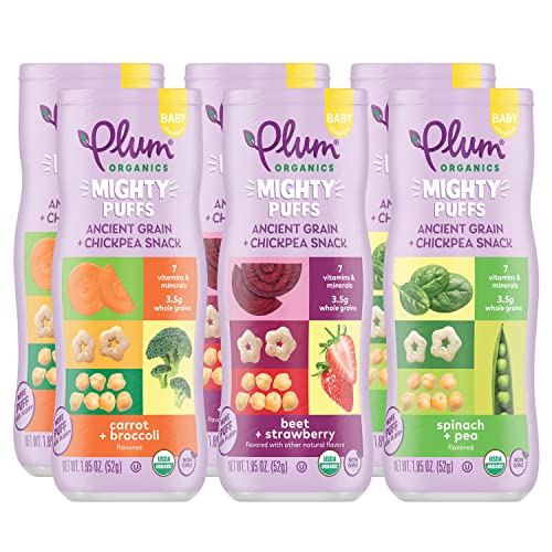 Plum Organics Mighty Puffs Snack For Babies - Variety Pack - (Pack of 6) 1.85 oz - Includes Carrot & Broccoli, Beet & Strawberry, and Spinach & Pea Flavors - Ancient Grain & Chickpea Snacks