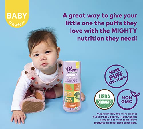 Plum Organics Mighty Puffs Snack For Babies - Variety Pack - (Pack of 6) 1.85 oz - Includes Carrot & Broccoli, Beet & Strawberry, and Spinach & Pea Flavors - Ancient Grain & Chickpea Snacks