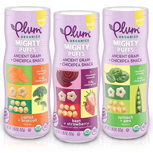 Plum Organics Mighty Puffs Snack For Babies - Variety Pack - (Pack of 6) 1.85 oz - Includes Carrot & Broccoli, Beet & Strawberry, and Spinach & Pea Flavors - Ancient Grain & Chickpea Snacks