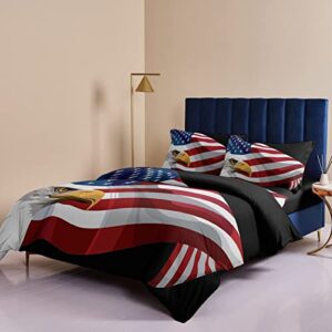 4 Piece Bedding Duvet Cover Set USA Flag Eagle Black Back,Soft Bedspread Pillow Shams Microfiber Quilt Cover Independence Day Star and Stripe,Washable Bed Sheet Comforter Set for Bedroom King