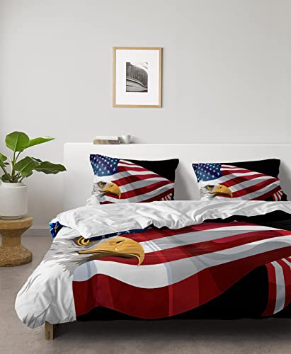 4 Piece Bedding Duvet Cover Set USA Flag Eagle Black Back,Soft Bedspread Pillow Shams Microfiber Quilt Cover Independence Day Star and Stripe,Washable Bed Sheet Comforter Set for Bedroom King