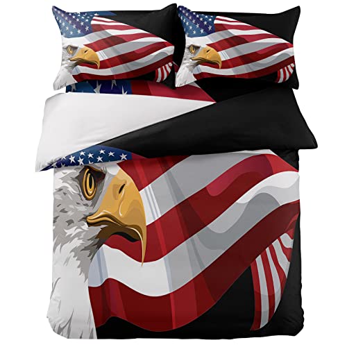 4 Piece Bedding Duvet Cover Set USA Flag Eagle Black Back,Soft Bedspread Pillow Shams Microfiber Quilt Cover Independence Day Star and Stripe,Washable Bed Sheet Comforter Set for Bedroom King