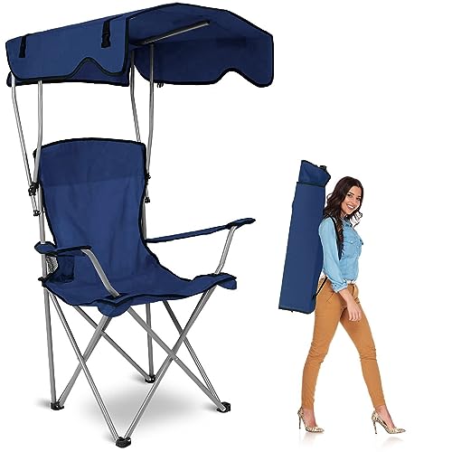 TeqHome Camp Chair with Shade Canopy, Heavy Duty Max Shade Folding Camping Lawn Chair with Cup Holder, UPF 50+ Sun Protection Portable Beach Lounge Chair for Outdoor Sports Support 330 LBS (Navy Blue)