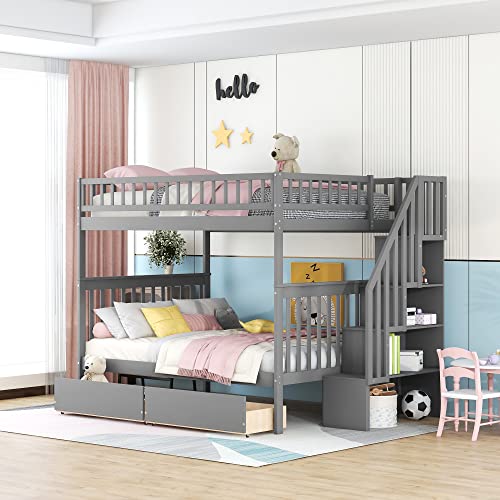 CITYLIGHT Full Over Full Bunk Beds with Stairs,Wood Full Bunk Beds with 2 Storage Drawers, Bunk Bed Full Over Full Size for Kids,Teens, Adults, No Box Spring Needed, Grey