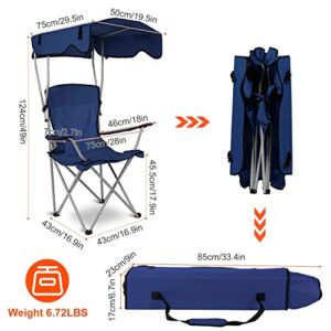 TeqHome Camp Chair with Shade Canopy, Heavy Duty Max Shade Folding Camping Lawn Chair with Cup Holder, UPF 50+ Sun Protection Portable Beach Lounge Chair for Outdoor Sports Support 330 LBS (Navy Blue)