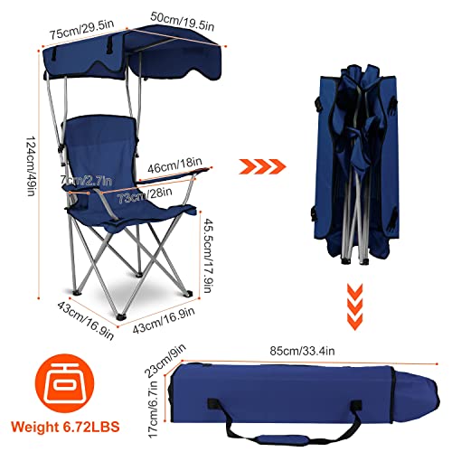 TeqHome Camp Chair with Shade Canopy, Heavy Duty Max Shade Folding Camping Lawn Chair with Cup Holder, UPF 50+ Sun Protection Portable Beach Lounge Chair for Outdoor Sports Support 330 LBS (Navy Blue)