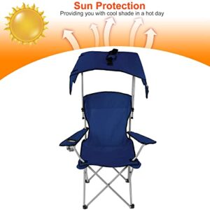 TeqHome Camp Chair with Shade Canopy, Heavy Duty Max Shade Folding Camping Lawn Chair with Cup Holder, UPF 50+ Sun Protection Portable Beach Lounge Chair for Outdoor Sports Support 330 LBS (Navy Blue)