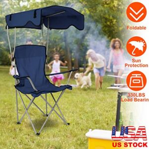 TeqHome Camp Chair with Shade Canopy, Heavy Duty Max Shade Folding Camping Lawn Chair with Cup Holder, UPF 50+ Sun Protection Portable Beach Lounge Chair for Outdoor Sports Support 330 LBS (Navy Blue)