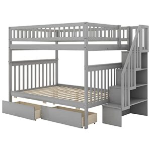 CITYLIGHT Full Over Full Bunk Beds with Stairs,Wood Full Bunk Beds with 2 Storage Drawers, Bunk Bed Full Over Full Size for Kids,Teens, Adults, No Box Spring Needed, Grey