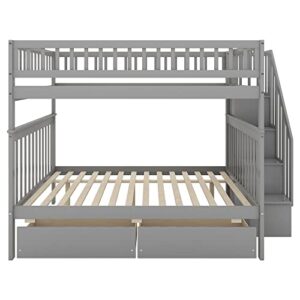 CITYLIGHT Full Over Full Bunk Beds with Stairs,Wood Full Bunk Beds with 2 Storage Drawers, Bunk Bed Full Over Full Size for Kids,Teens, Adults, No Box Spring Needed, Grey