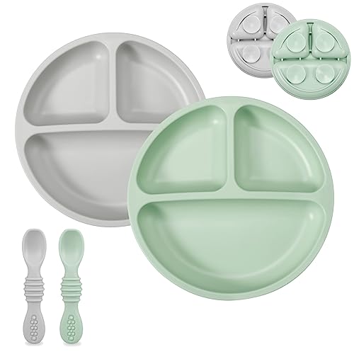 PandaEar Silicone Baby Feeding Set| 2 Pack Silicone Divided Suction Plate with 2 Pack Spoons | Baby Led Weaning Supplies Self Feeding Eating Utensils (Green/Grey)