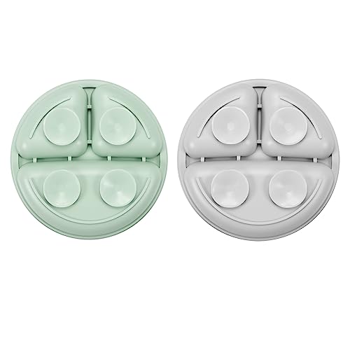 PandaEar Silicone Baby Feeding Set| 2 Pack Silicone Divided Suction Plate with 2 Pack Spoons | Baby Led Weaning Supplies Self Feeding Eating Utensils (Green/Grey)