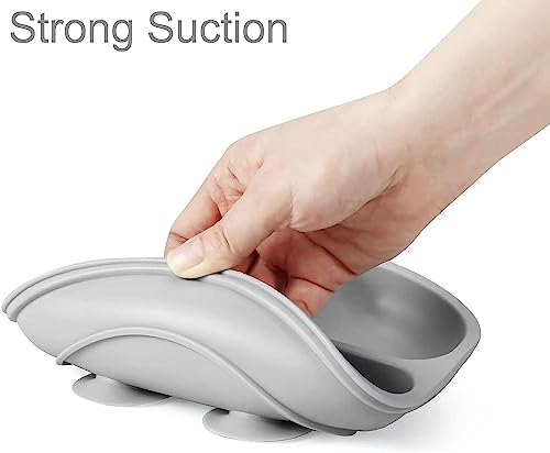 PandaEar Silicone Baby Feeding Set| 2 Pack Silicone Divided Suction Plate with 2 Pack Spoons | Baby Led Weaning Supplies Self Feeding Eating Utensils (Green/Grey)