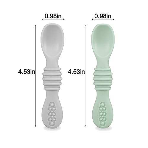 PandaEar Silicone Baby Feeding Set| 2 Pack Silicone Divided Suction Plate with 2 Pack Spoons | Baby Led Weaning Supplies Self Feeding Eating Utensils (Green/Grey)