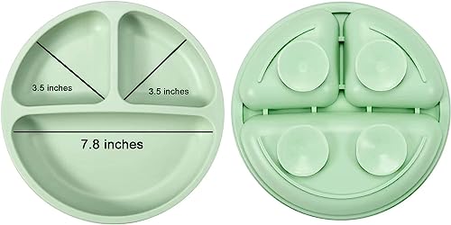 PandaEar Silicone Baby Feeding Set| 2 Pack Silicone Divided Suction Plate with 2 Pack Spoons | Baby Led Weaning Supplies Self Feeding Eating Utensils (Green/Grey)