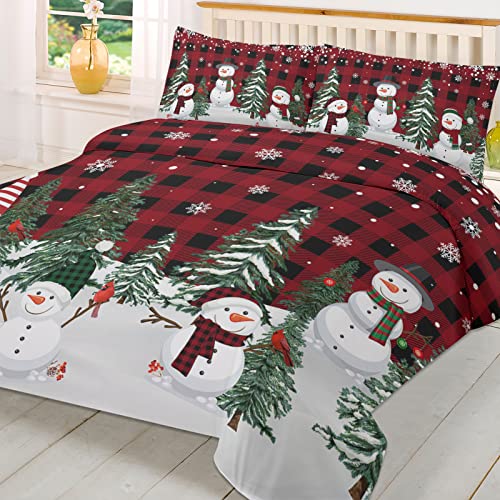 Full Comforter Cover Set - Soft and Breathable Bedding Sets, Red Buffalo Check Snowman and Christmas Pine Tree Winter Holiday 3 Pieces Light Weight Bed Sets with 1 Duvet Cover and 2 Pillowcases