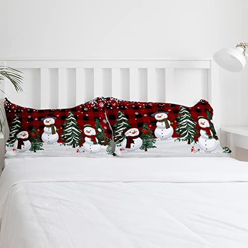 Full Comforter Cover Set - Soft and Breathable Bedding Sets, Red Buffalo Check Snowman and Christmas Pine Tree Winter Holiday 3 Pieces Light Weight Bed Sets with 1 Duvet Cover and 2 Pillowcases