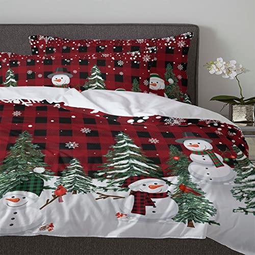 Full Comforter Cover Set - Soft and Breathable Bedding Sets, Red Buffalo Check Snowman and Christmas Pine Tree Winter Holiday 3 Pieces Light Weight Bed Sets with 1 Duvet Cover and 2 Pillowcases