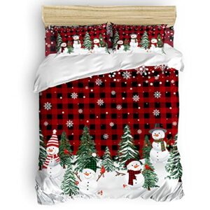 Full Comforter Cover Set - Soft and Breathable Bedding Sets, Red Buffalo Check Snowman and Christmas Pine Tree Winter Holiday 3 Pieces Light Weight Bed Sets with 1 Duvet Cover and 2 Pillowcases