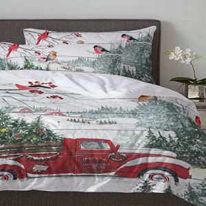 Twin Comforter Cover Set - Soft and Breathable Bedding Sets, Rustic Farmhouse Red Vintage Truck Christmas Tree Cardinal Bird 3 Pieces Light Weight Bed Sets with 1 Duvet Cover and 2 Pillowcases