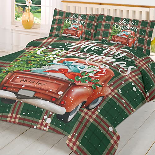 APABUCHER Queen Comforter Cover Set - Soft and Breathable Bedding Sets, Buffalo Plaid Merry Christmas Red Truck with Xmas Tree 3 Pieces Light Weight Bed Sets with 1 Duvet Cover and 2 Pillowcases