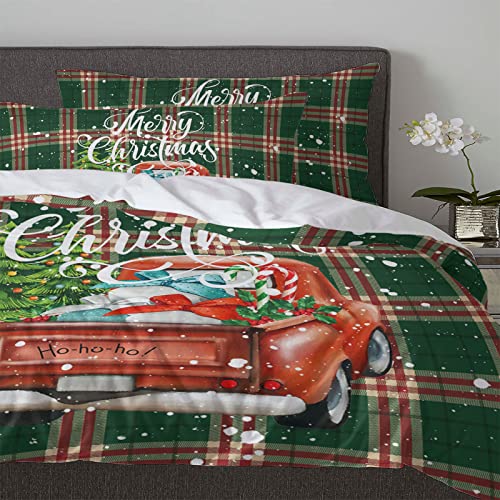 APABUCHER Queen Comforter Cover Set - Soft and Breathable Bedding Sets, Buffalo Plaid Merry Christmas Red Truck with Xmas Tree 3 Pieces Light Weight Bed Sets with 1 Duvet Cover and 2 Pillowcases