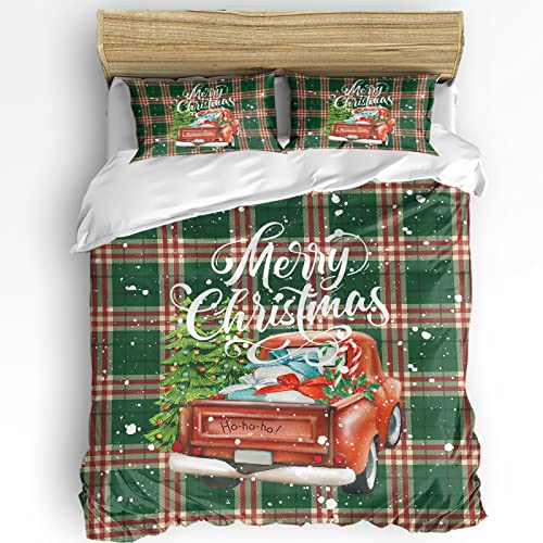 APABUCHER Queen Comforter Cover Set - Soft and Breathable Bedding Sets, Buffalo Plaid Merry Christmas Red Truck with Xmas Tree 3 Pieces Light Weight Bed Sets with 1 Duvet Cover and 2 Pillowcases