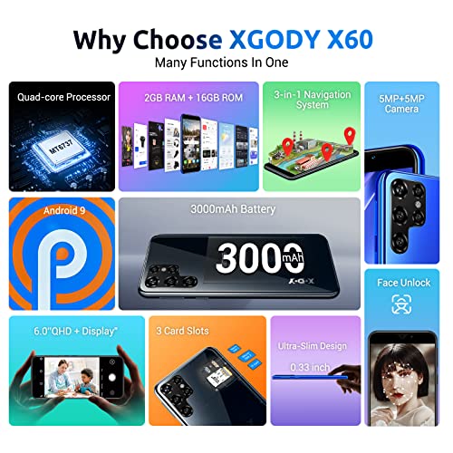 Xgody X60 4G LTE Smartphone Unlocked, 6 Inch QHD Waterdrop Screen, 2GB RAM+16GB ROM, Dual Sim Slots Android Cell Phone, 5MP+5MP Camera, Face Unlock, 3000mAh, AT&T/T-Mobile Smart Phones (Gold)