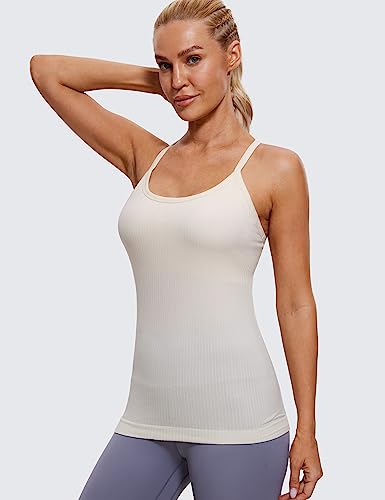 CRZ YOGA Seamless Workout Tank Tops for Women Racerback Athletic Camisole Sports Shirts with Built in Bra White Apricot Medium