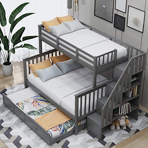 BIADNBZ Twin Over Full Bunk Bed with Trundle and Staircase, Solid Wood Stairway Bunkbeds w/Guard Rail and Storage Stairs, Can Be Divided Into Two Platform Bedframe, for Kids/Teens/Adults, Gray