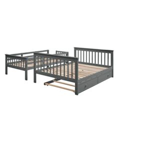 BIADNBZ Twin Over Full Bunk Bed with Trundle and Staircase, Solid Wood Stairway Bunkbeds w/Guard Rail and Storage Stairs, Can Be Divided Into Two Platform Bedframe, for Kids/Teens/Adults, Gray