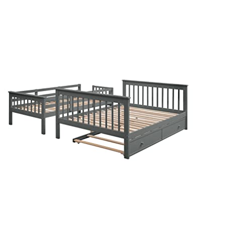 BIADNBZ Twin Over Full Bunk Bed with Trundle and Staircase, Solid Wood Stairway Bunkbeds w/Guard Rail and Storage Stairs, Can Be Divided Into Two Platform Bedframe, for Kids/Teens/Adults, Gray